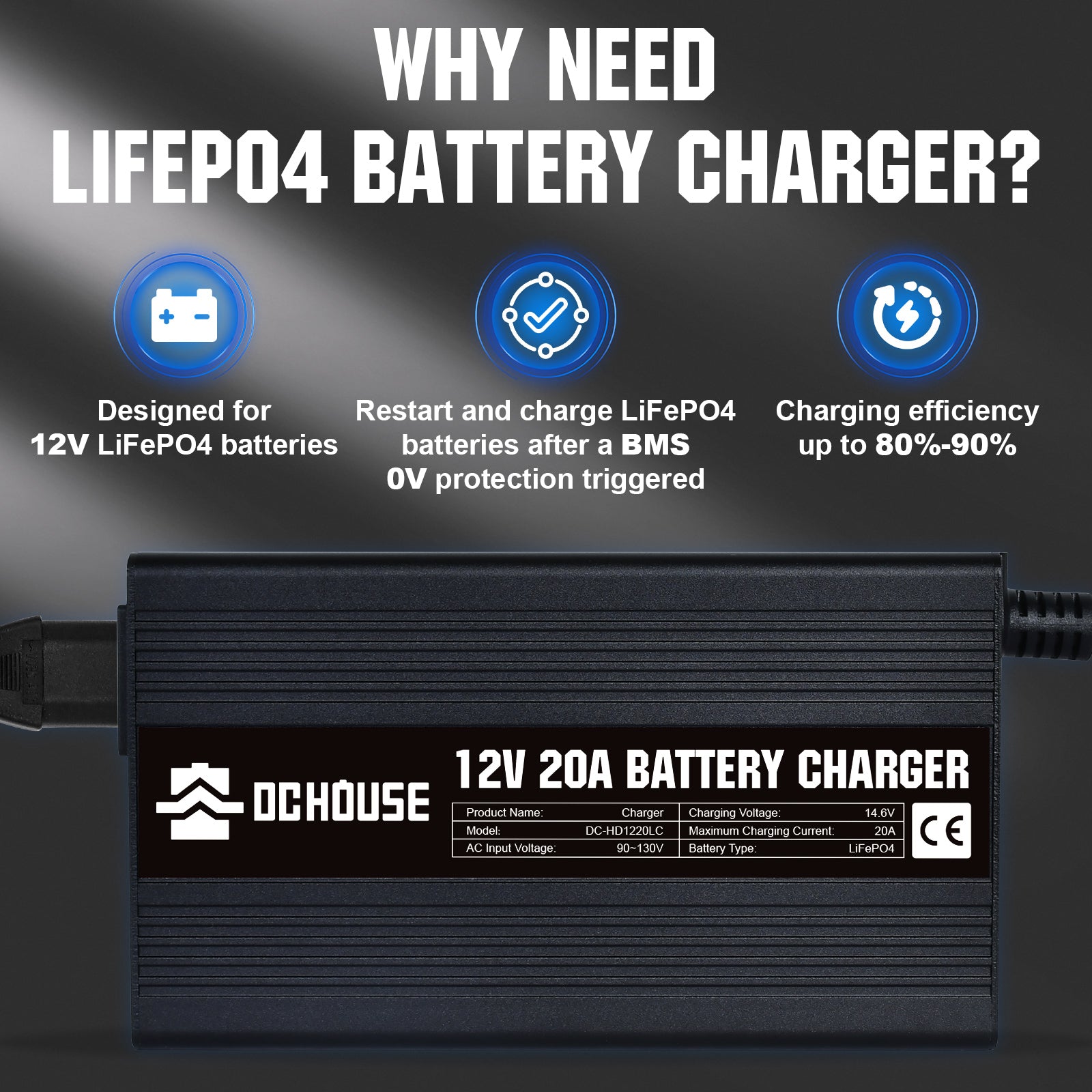 12V 20A AC-to-DC LiFePO4 Portable Battery Charger | DC HOUSE